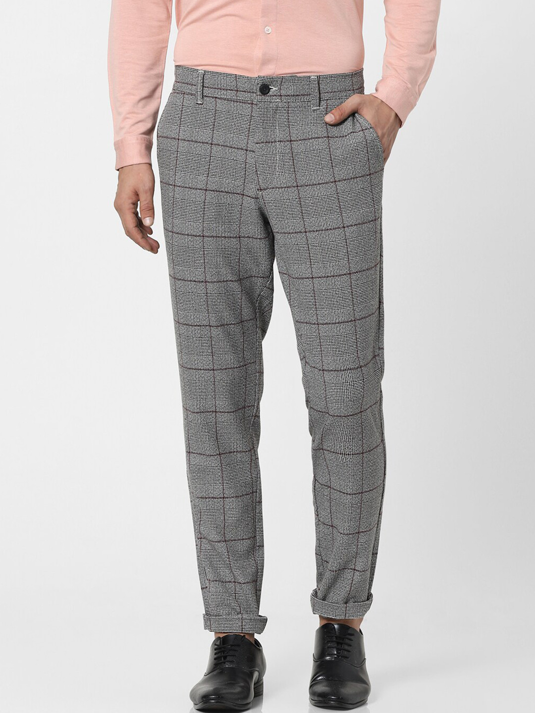 Buy Jack & Jones Men White & Black Checked Cotton Formal Trousers ...