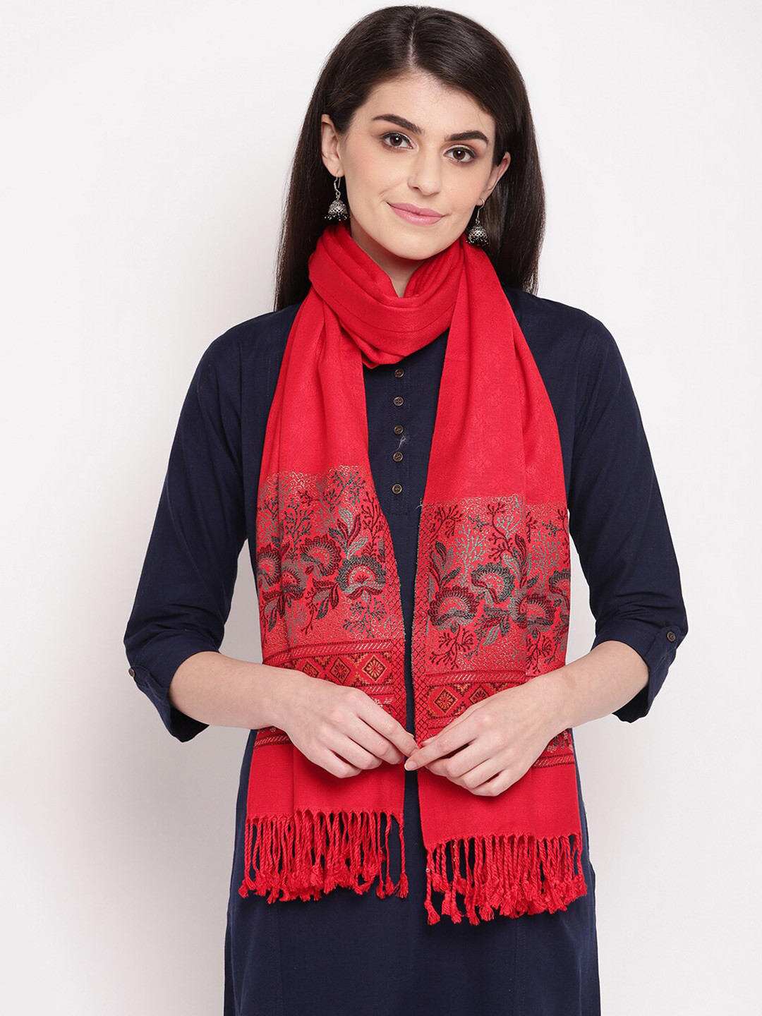 Buy HK Colours Of Fashion Women Red & Grey Woven Design Stole - Stoles ...