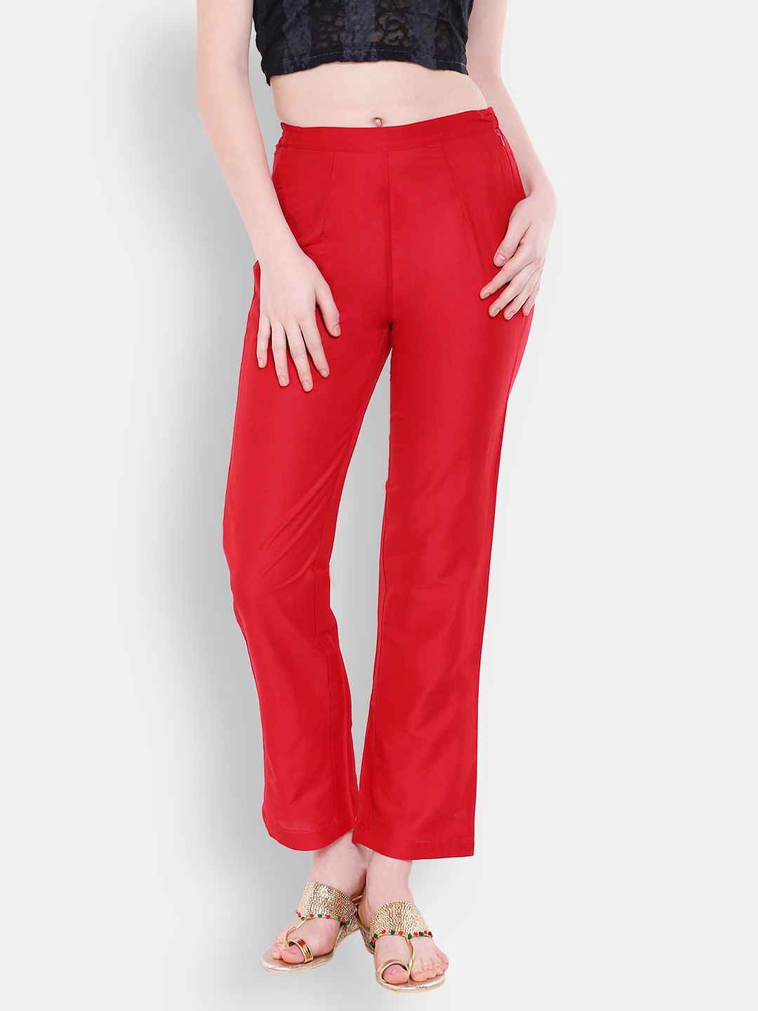 Buy Indian Ink Women Red Solid Flat Front Trousers - Trousers for Women ...