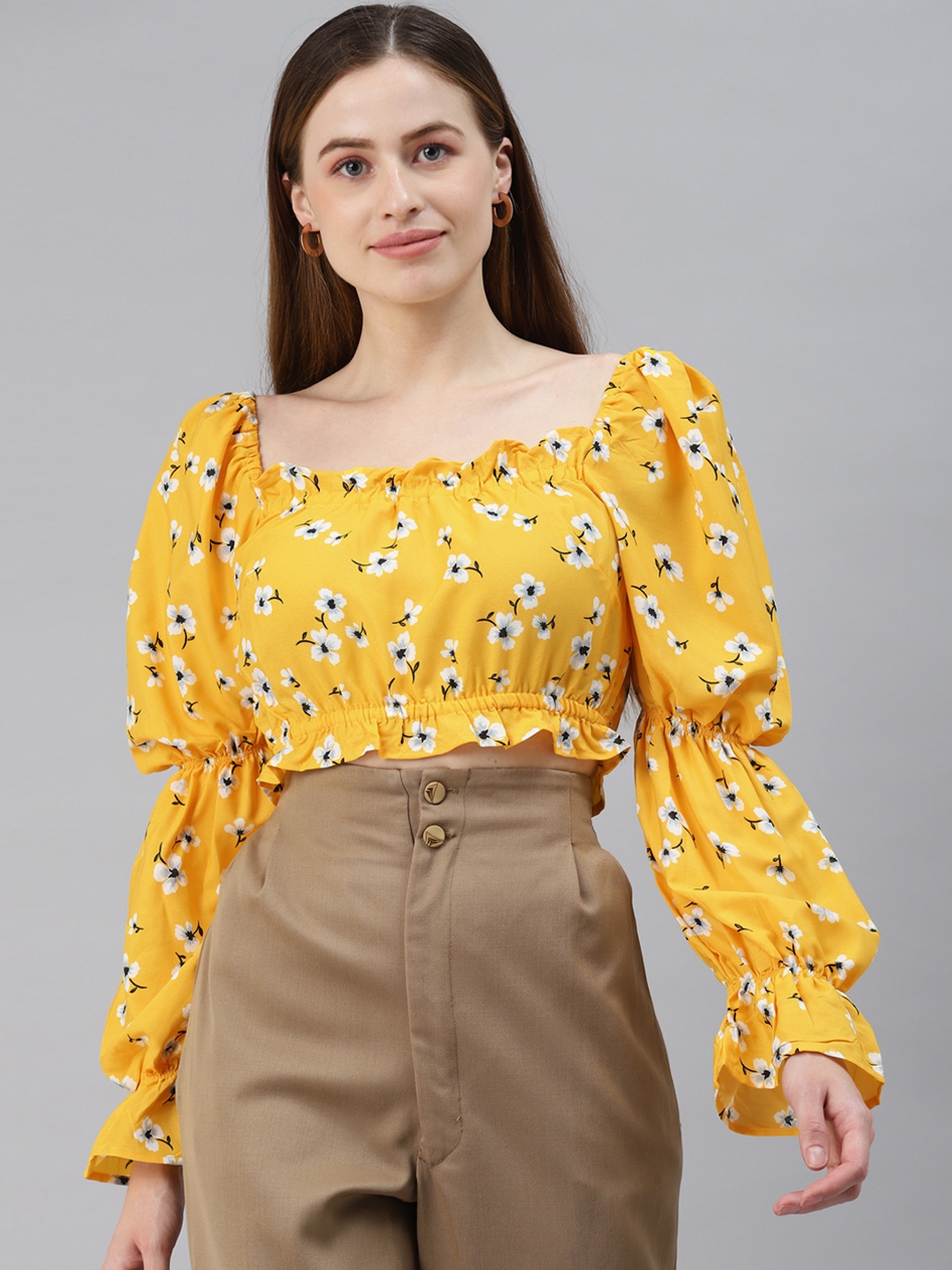 Buy Pluss Yellow Floral Regular Crop Top Tops For Women 15907916 Myntra
