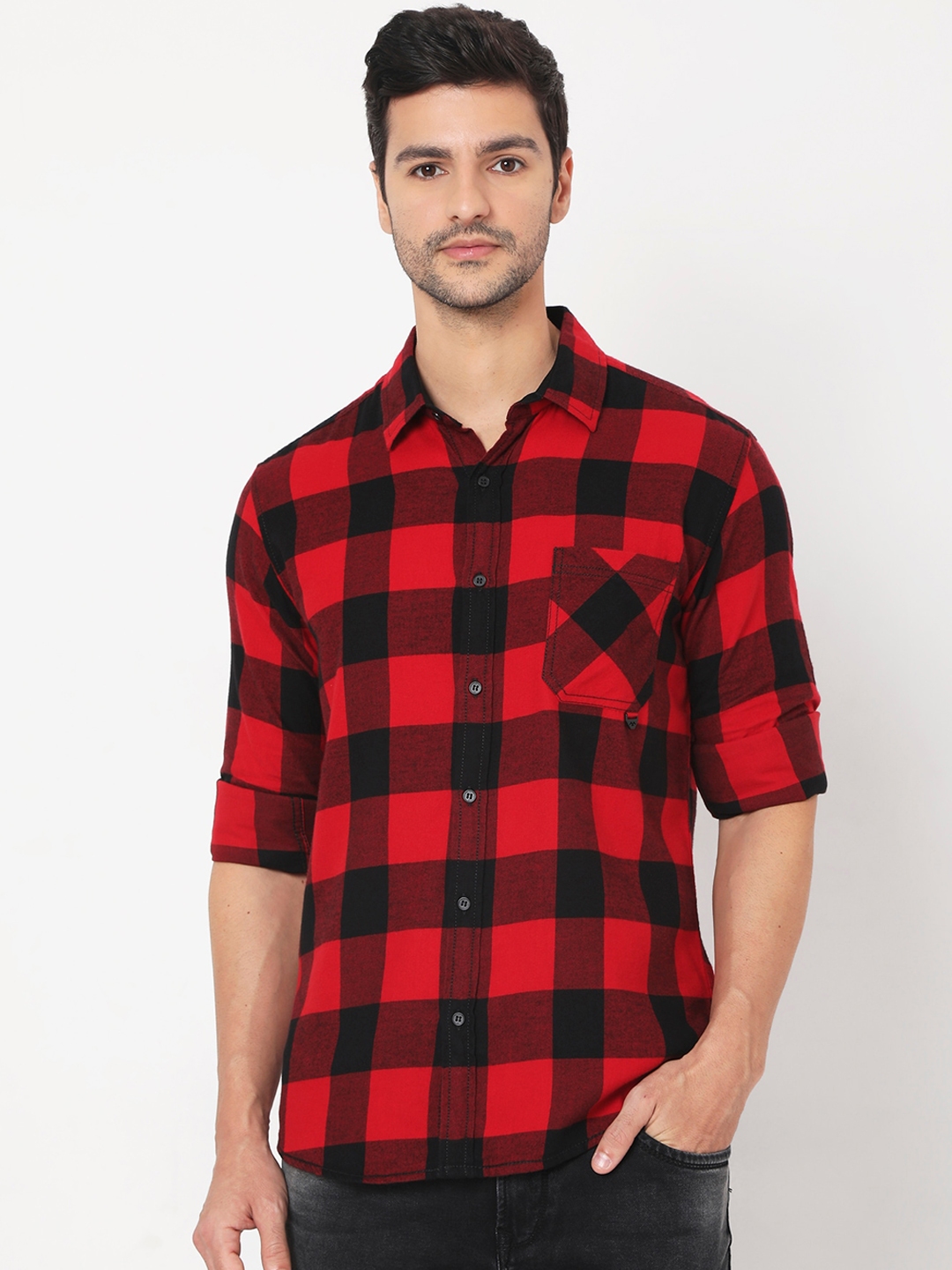 Buy Mufti Men Red And Black Slim Fit Buffalo Checks Opaque Checked Pure