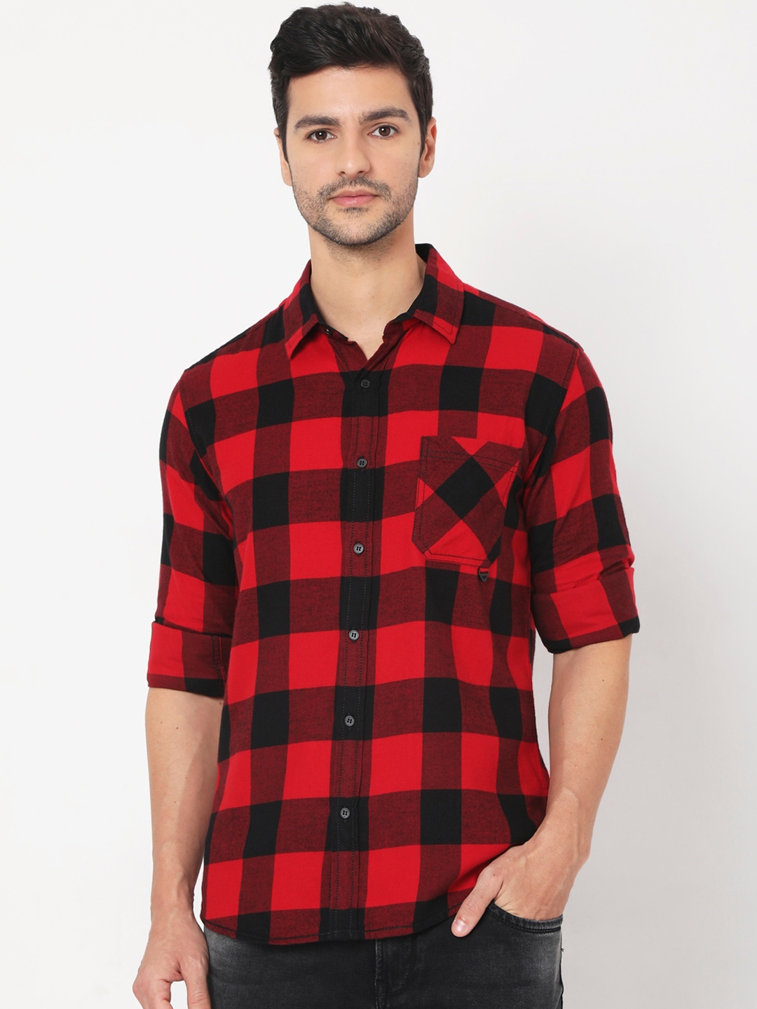 Buy Mufti Men Red Slim Fit Buffalo Checks Opaque Checked Casual Shirt
