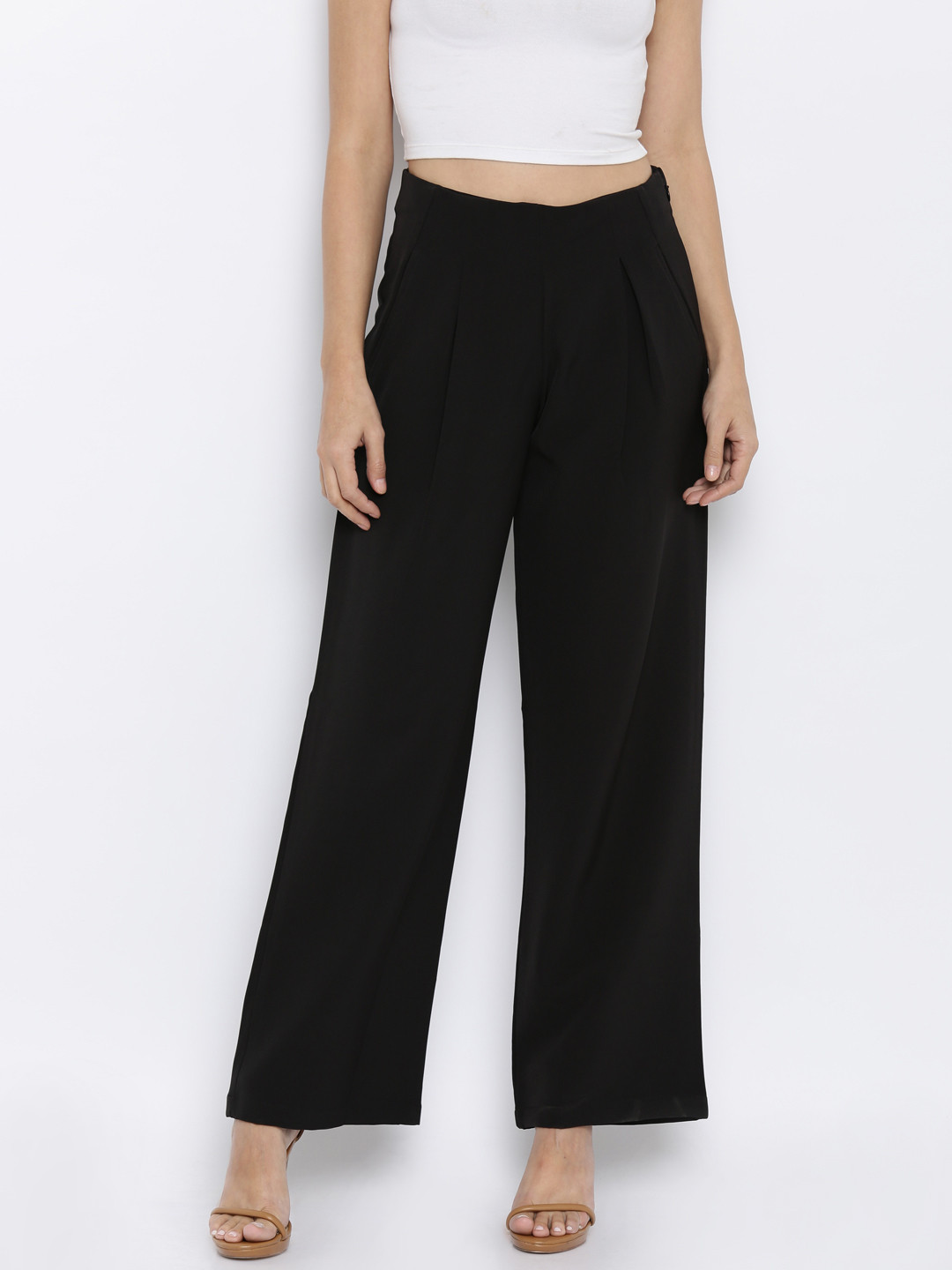 Buy AND Women Black Solid Regular Fit Pleated Trousers - Trousers for ...