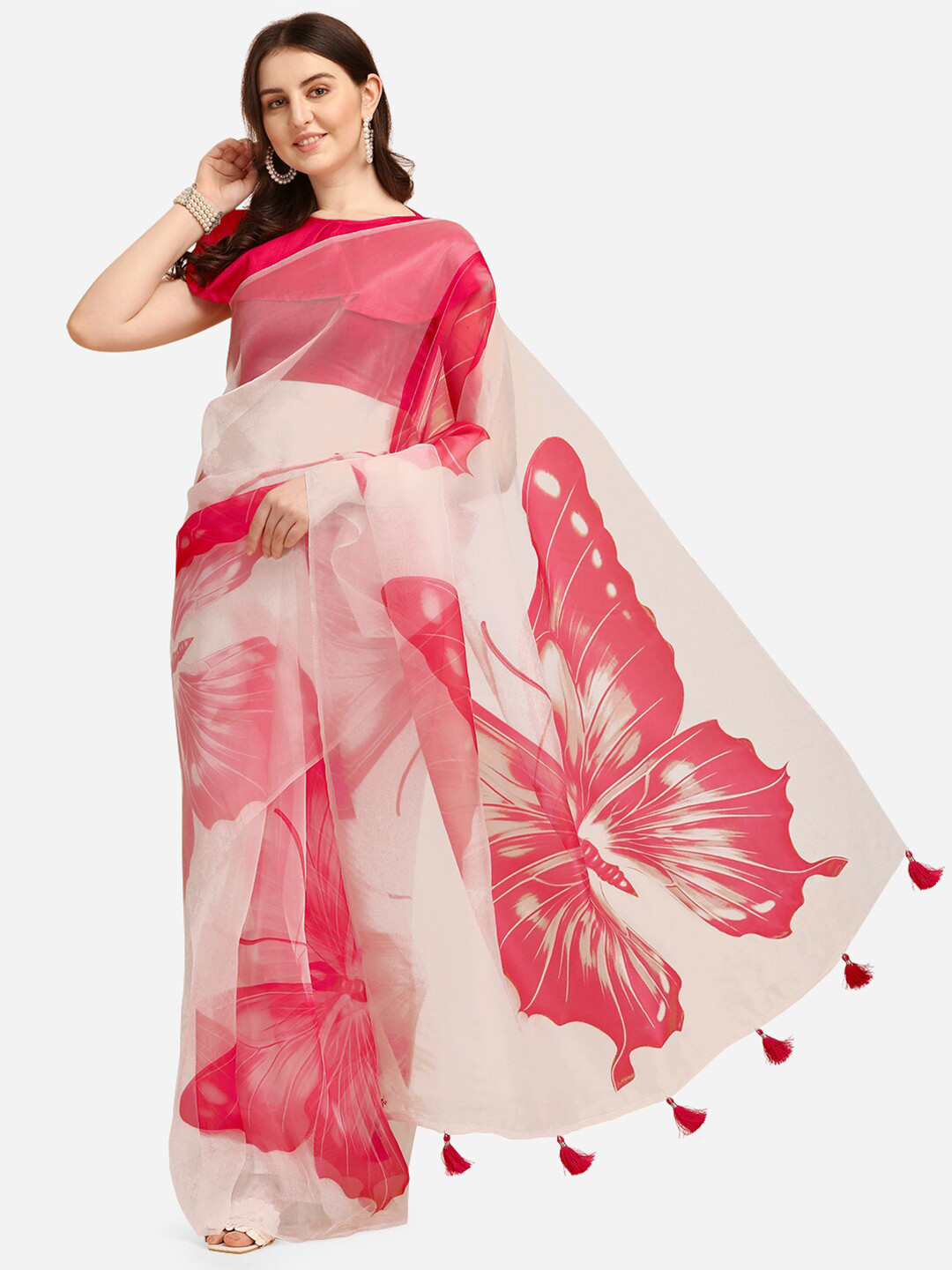 Buy Mitera White & Red Printed Organza Saree - Sarees for Women ...