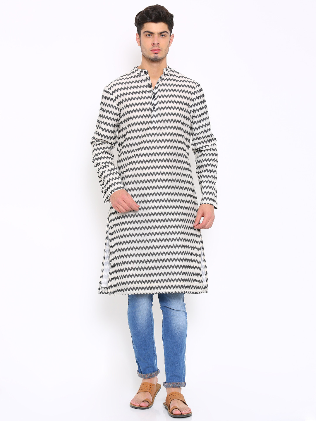 Buy Svanik Men Black & Off White Woven Design Straight Kurta - Kurtas ...