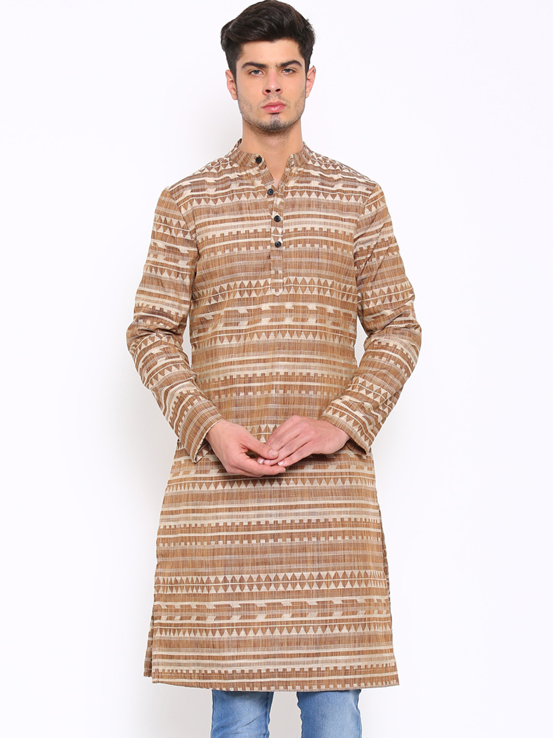 Buy Svanik Men Brown & Beige Woven Design Straight Kurta - Kurtas for ...