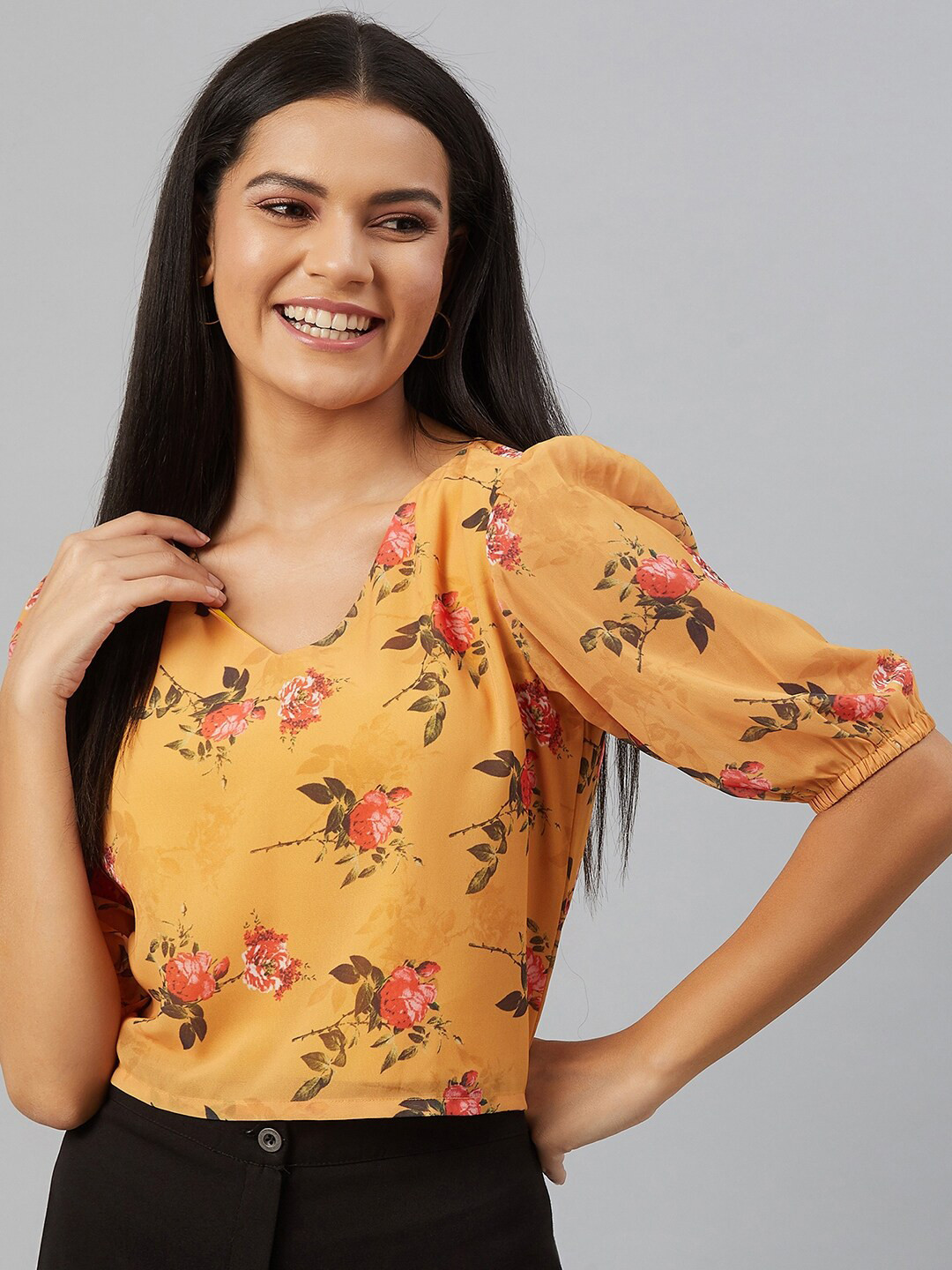 Buy Orchid Blues Mustard Yellow Floral Regular Top - Tops for Women ...