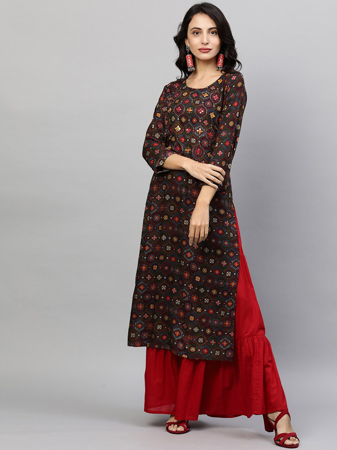 Buy FASHOR Women Multicoloured Floral Printed Flared Sleeves Kurta ...