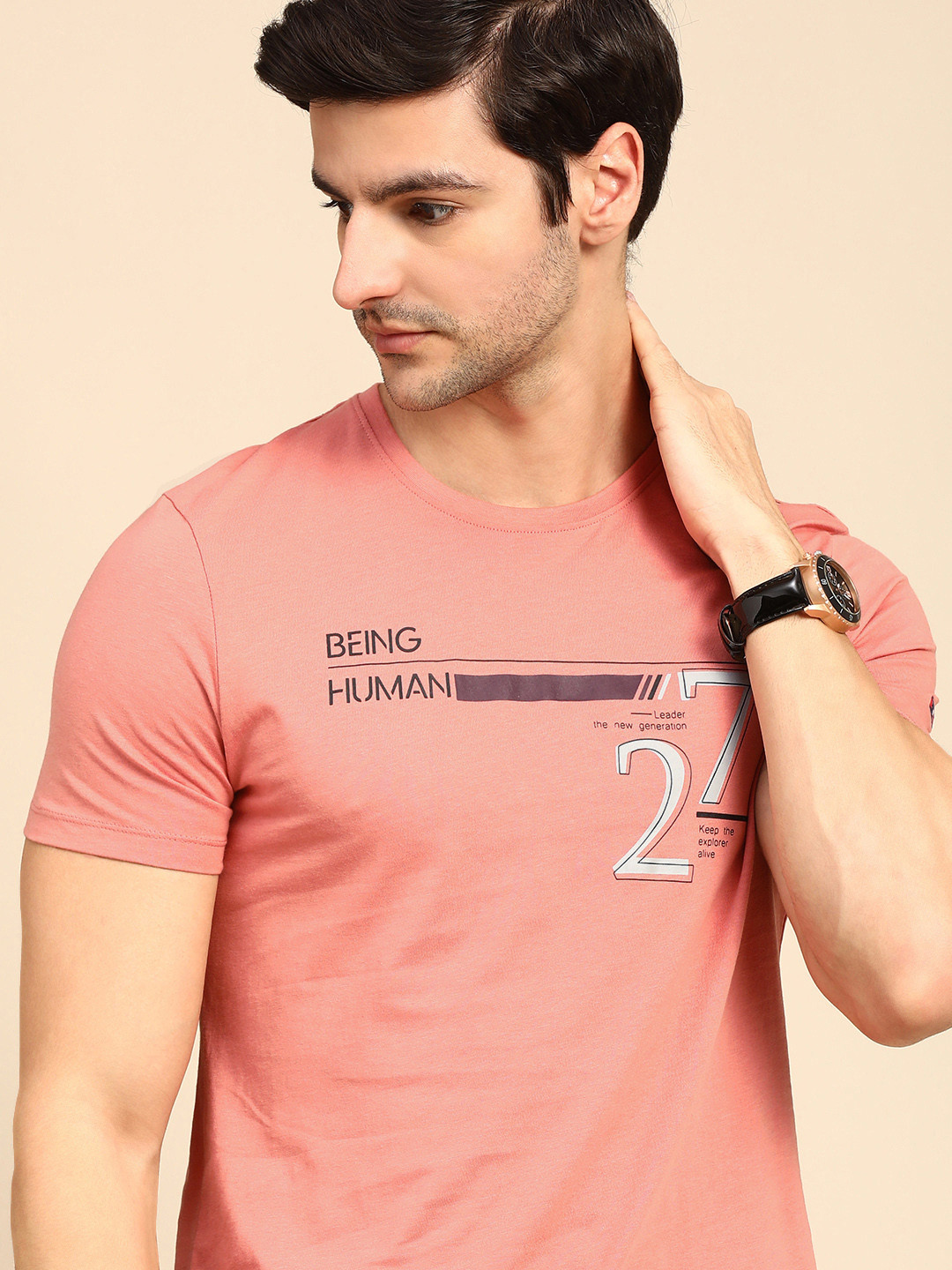 Buy Being Human Clothing Men Pink Brand Logo Printed Pure Cotton T ...