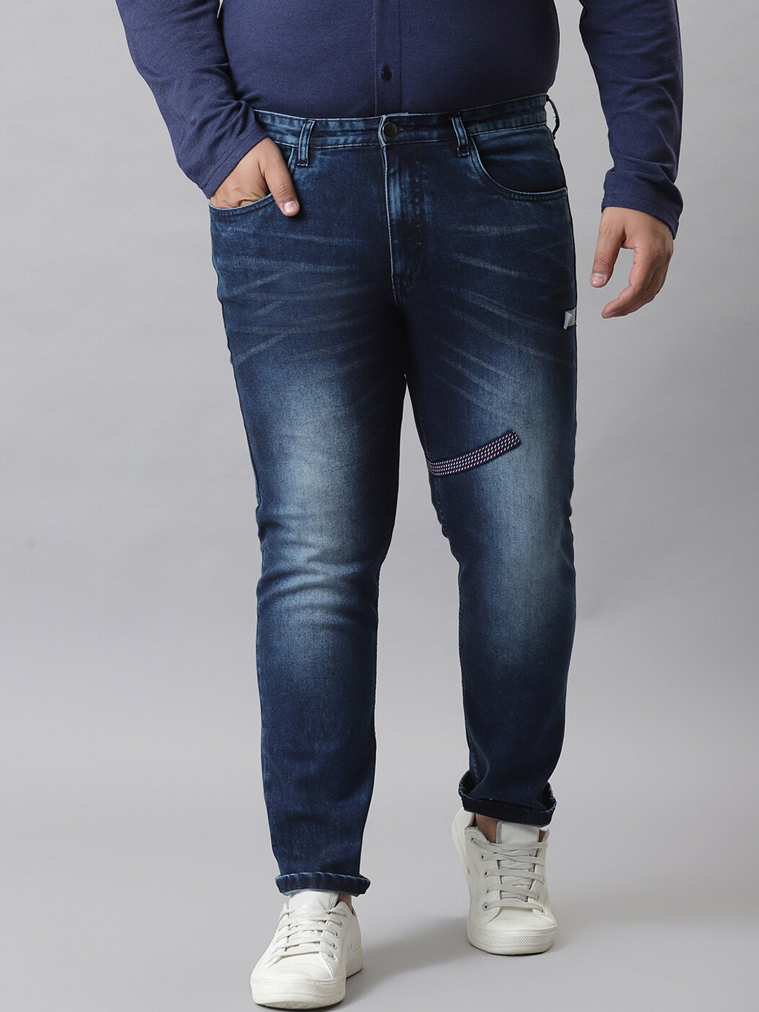 Buy Instafab Plus Men Navy Blue Slash Knee Light Fade Jeans - Jeans for ...