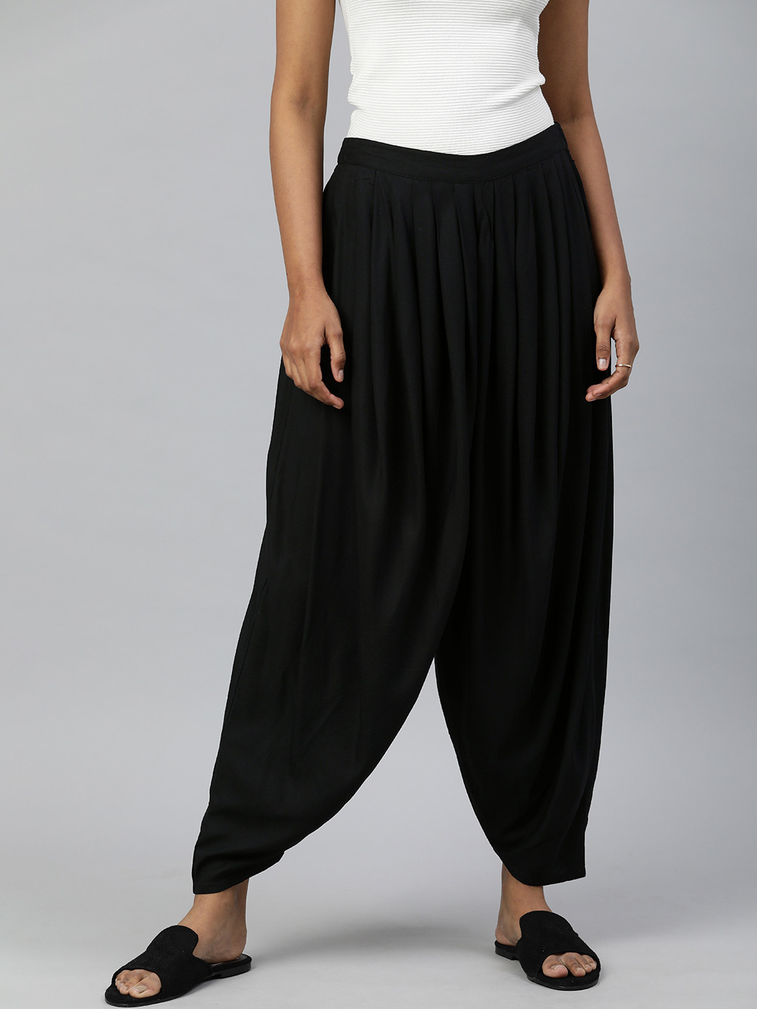 Buy Global Desi Women Black Solid Dhoti Pants - Trousers for Women ...