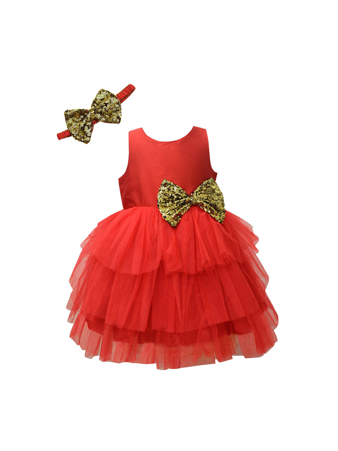 Buy A.T.U.N. Girls Red & Gold Toned Layered Net Dress With Headband ...