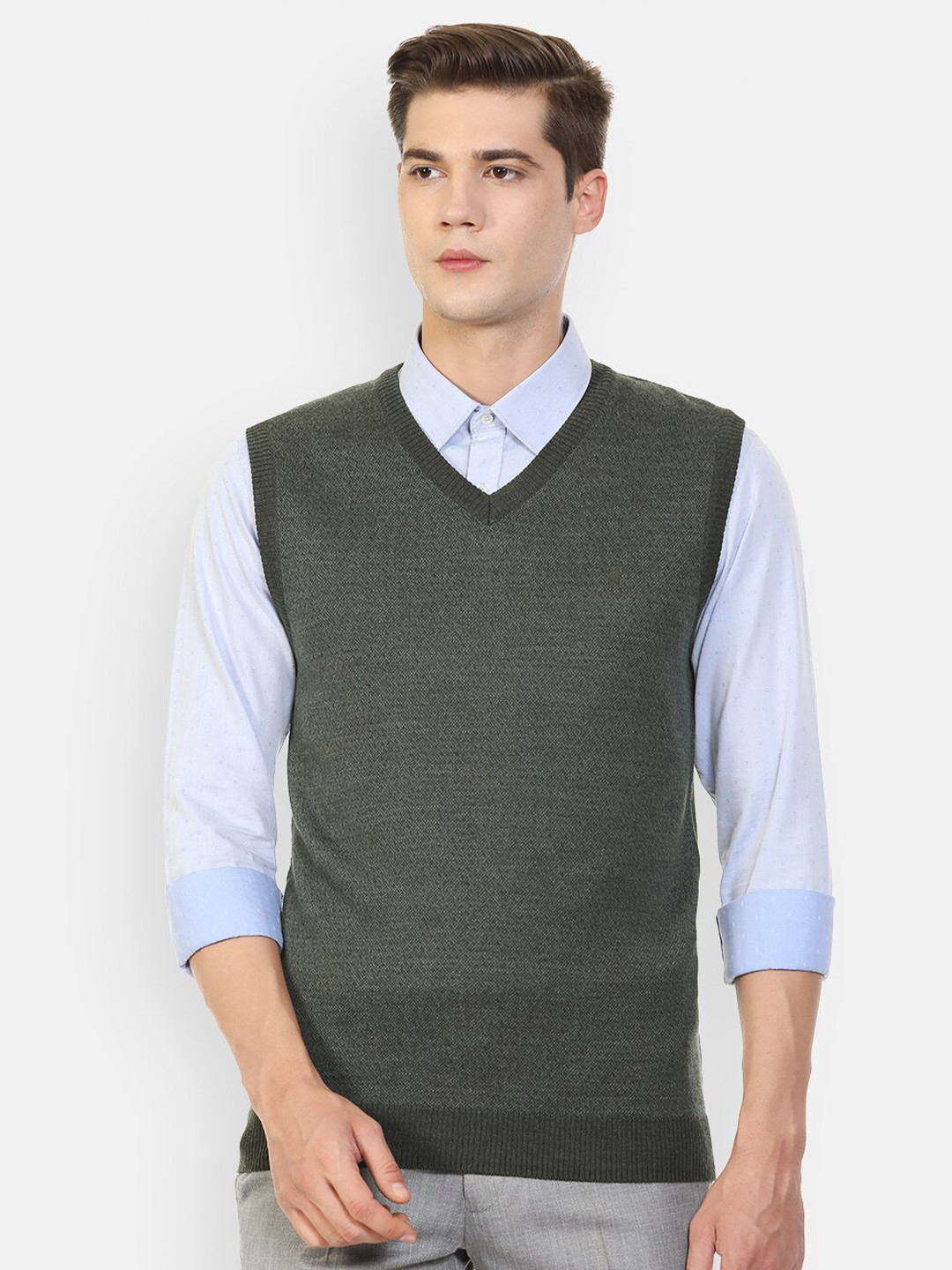 Buy Louis Philippe Men Olive Green Solid Sweater Vest - Sweaters for ...