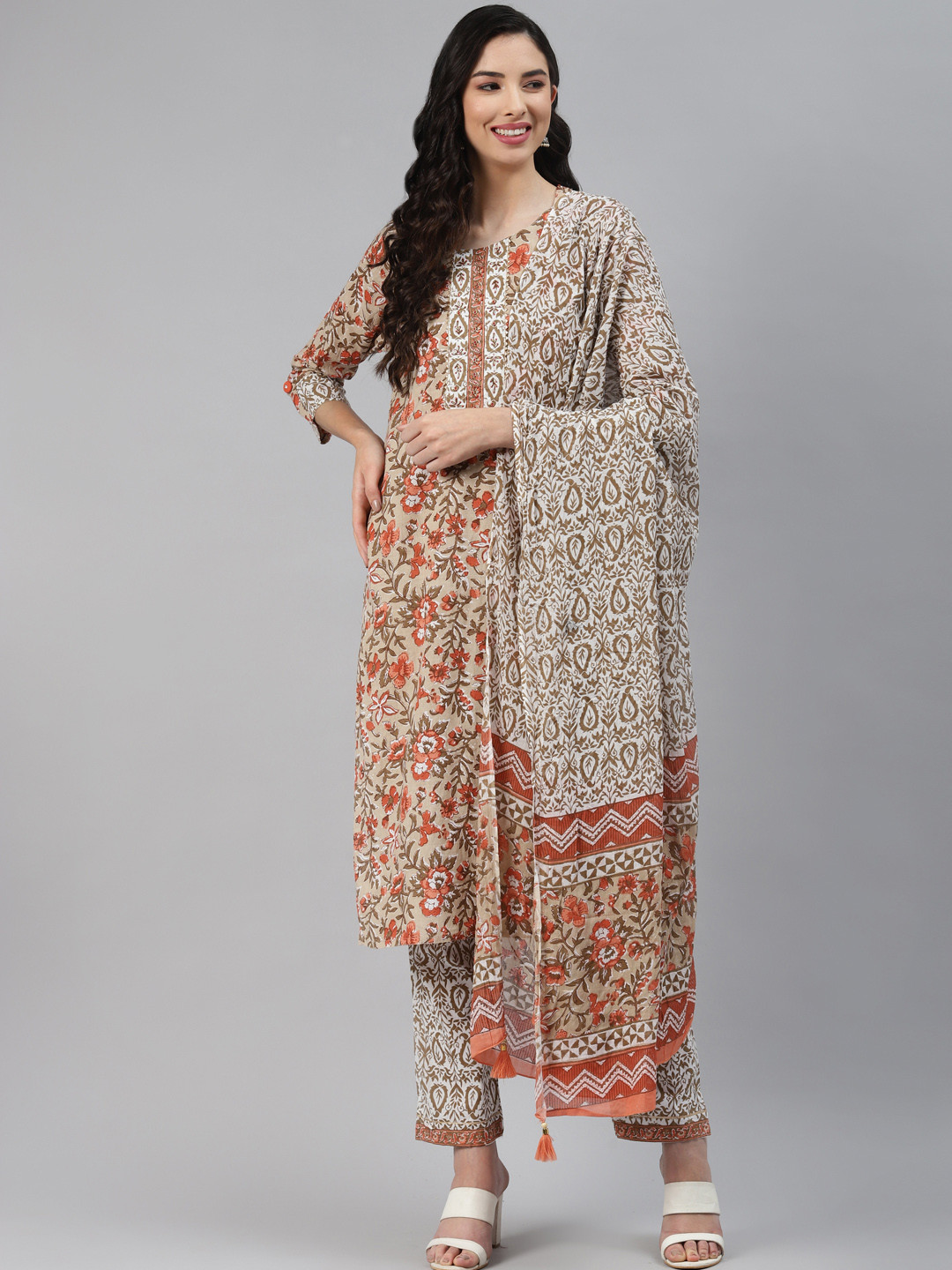 Buy Silai Bunai Women Beige Ethnic Motifs Printed Regular Gotta Patti ...