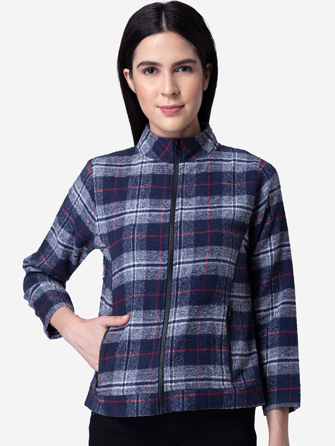 Buy Modriba Women Navy Blue Checked Crop Tailored Jacket - Jackets for ...