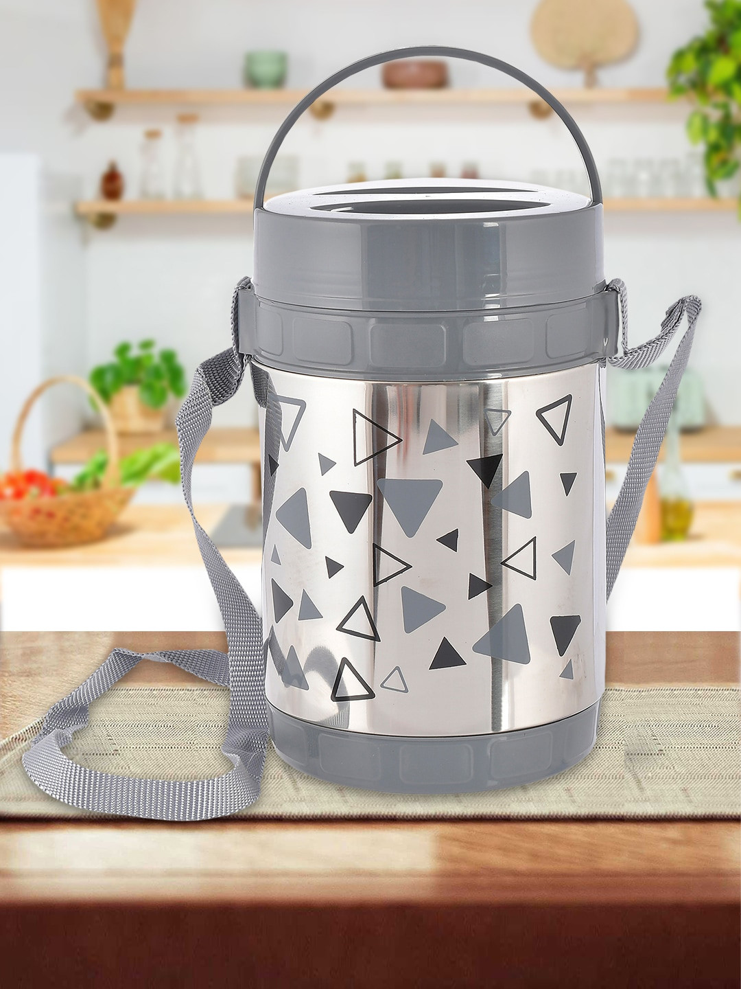 Buy Kuber Industries Grey & Silver Toned Printed Stainless Steel Lunch ...