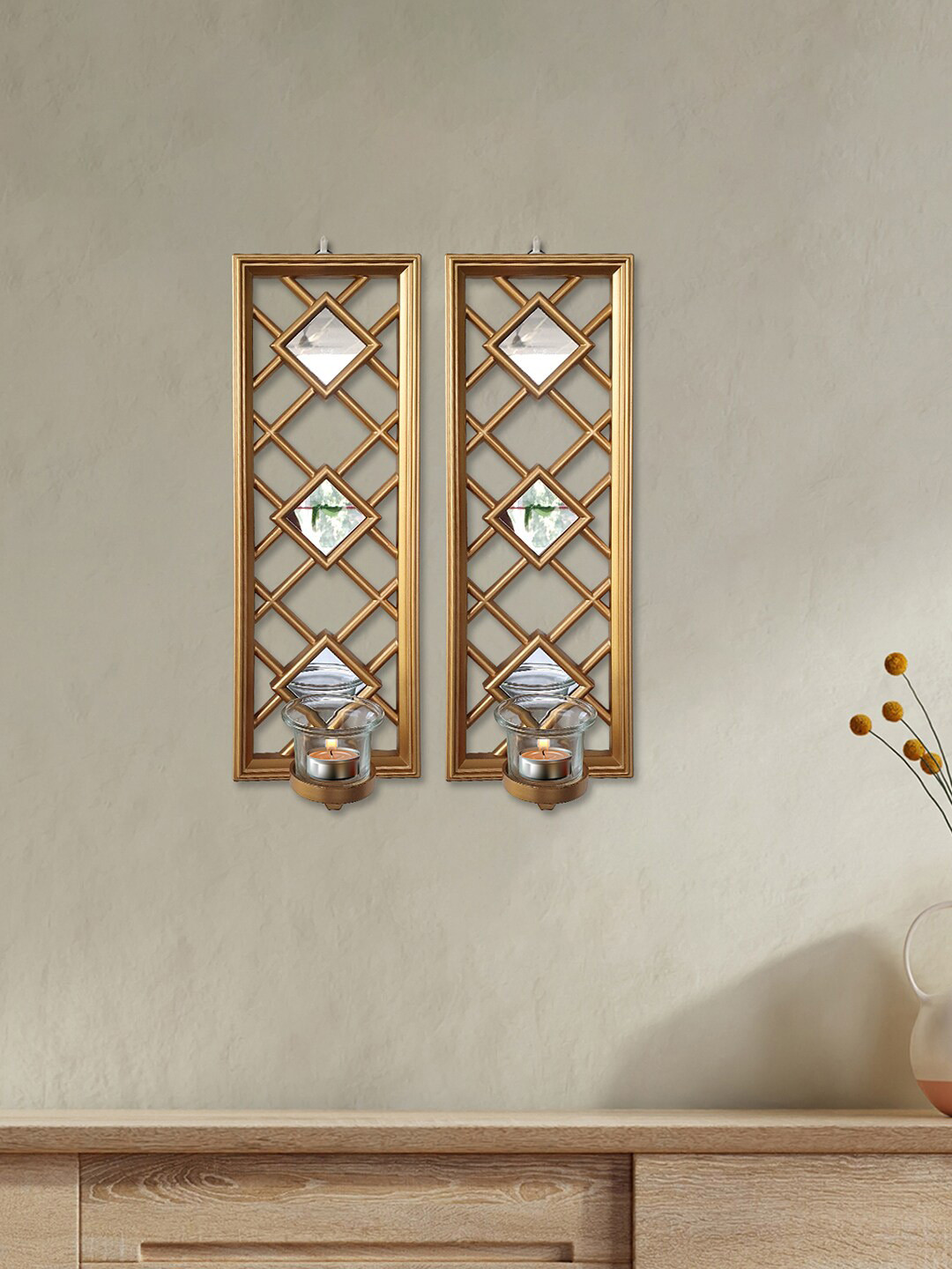 Buy Art Street Set Of 2 Gold Toned Hanging Tea Light Candle Holder With ...