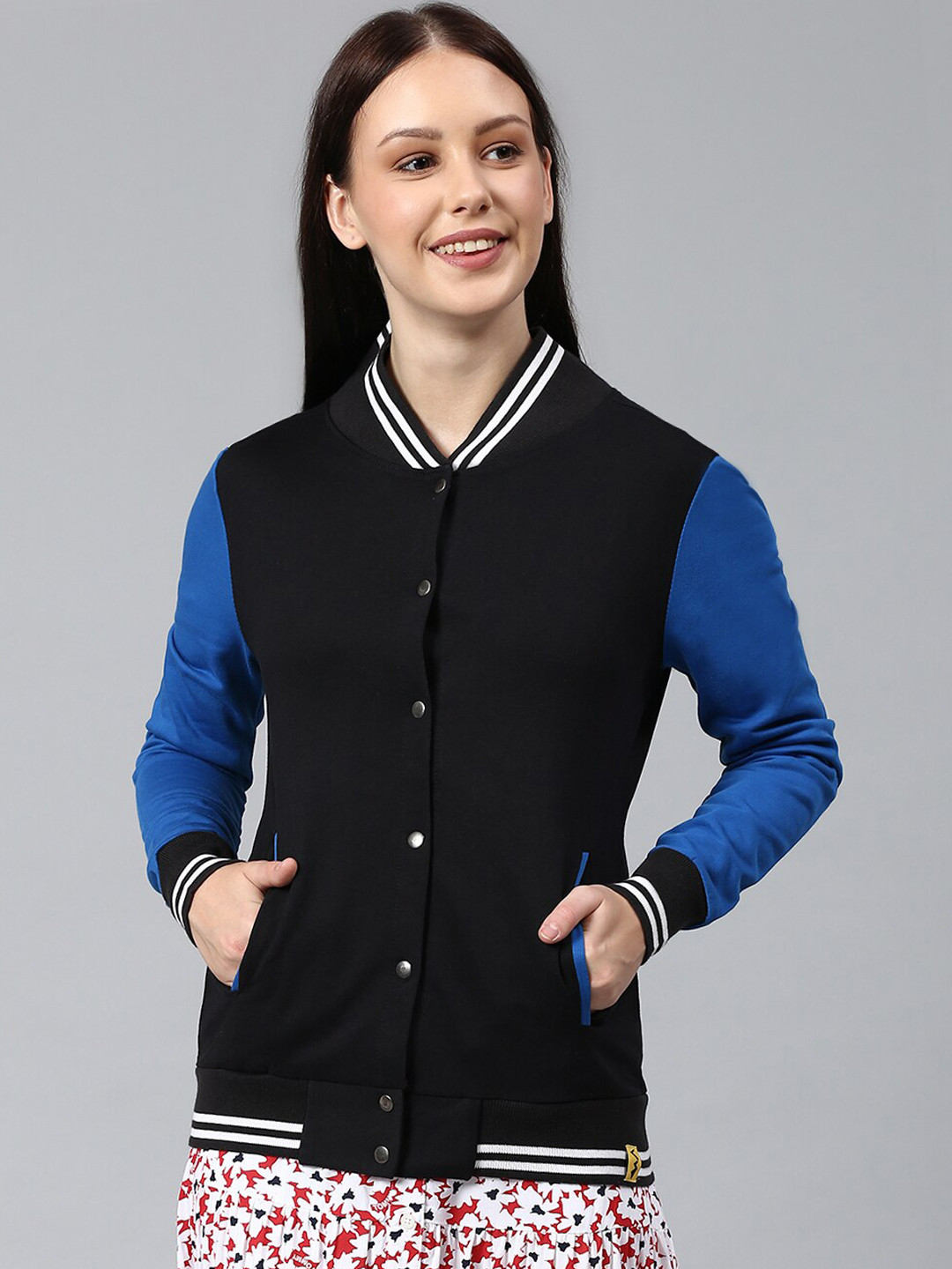 Buy Campus Sutra Women Black & Blue Colourblocked Varsity Jacket ...