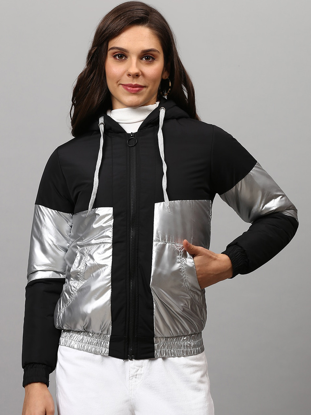 Buy Campus Sutra Women Black Silver Toned Colourblocked Windcheater ...