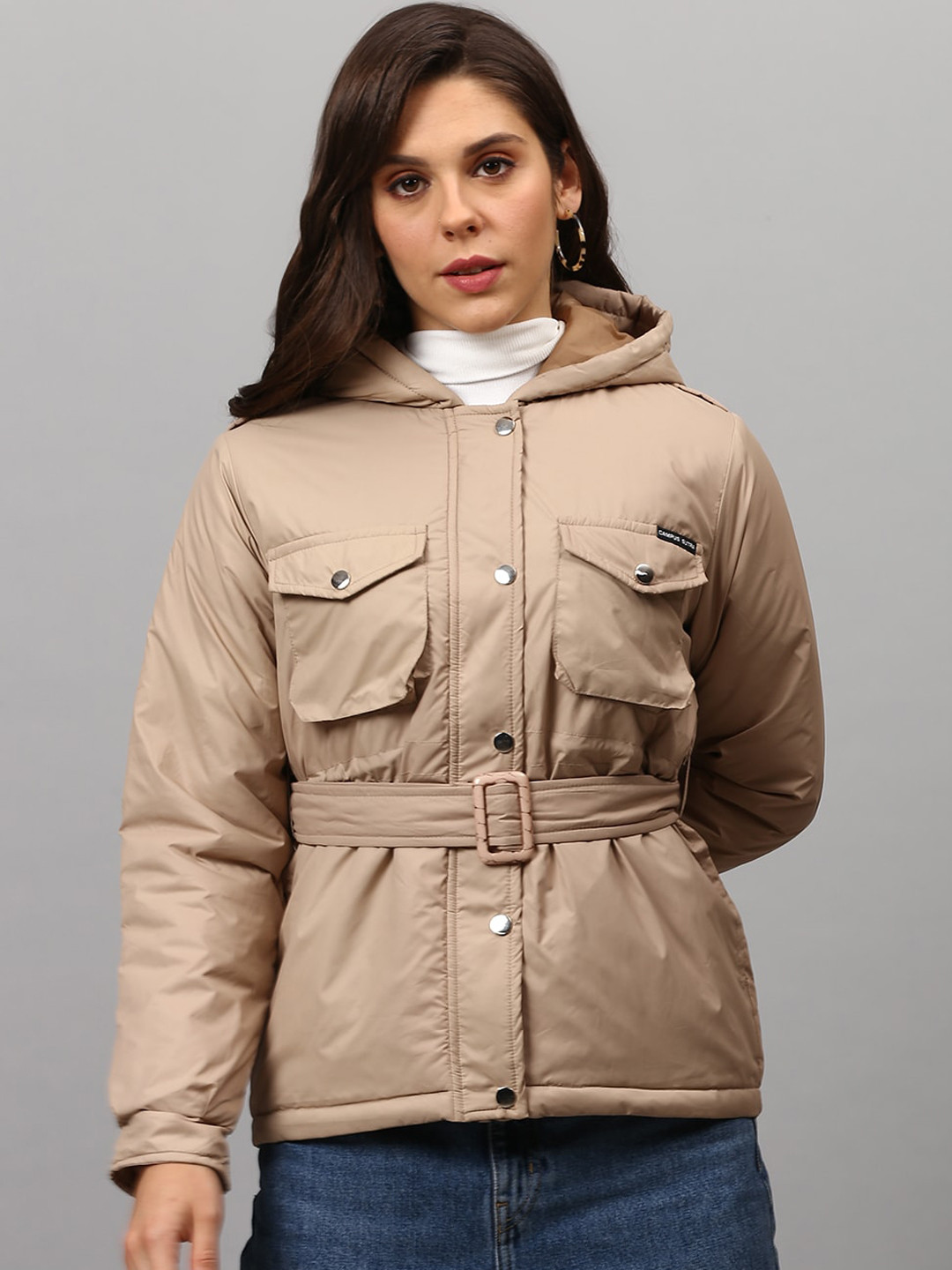 Buy Campus Sutra Women Beige Windcheater Outdoor Tailored Jacket ...
