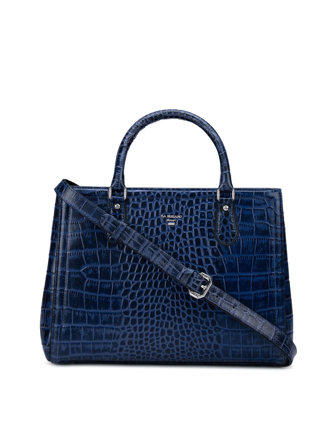 Buy Da Milano Blue Croc Textured Leather Structured Handheld Bag ...