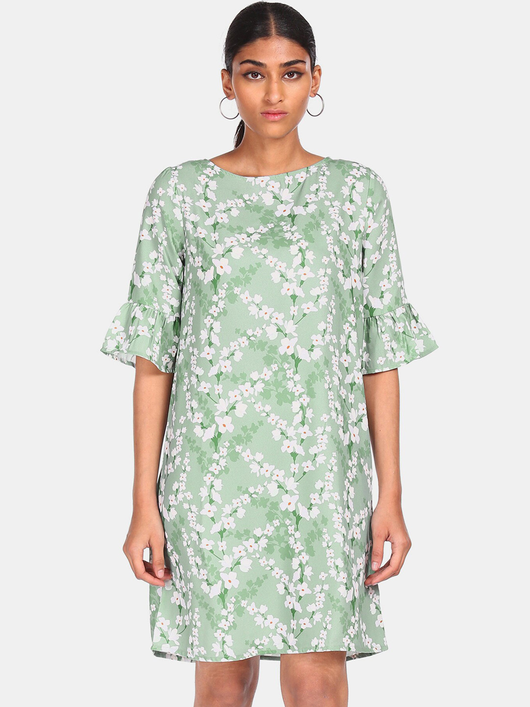 Buy Flying Machine Green & Off White Floral A Line Dress - Dresses for ...