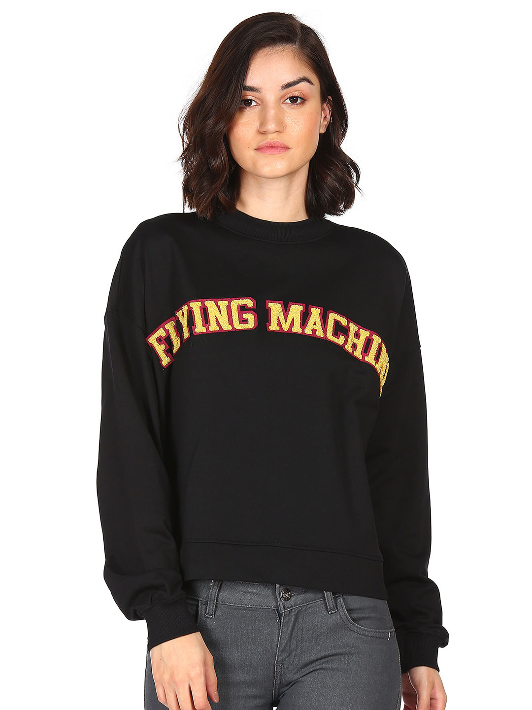Buy Flying Machine Women Black Typography Embroidered Pure Cotton ...