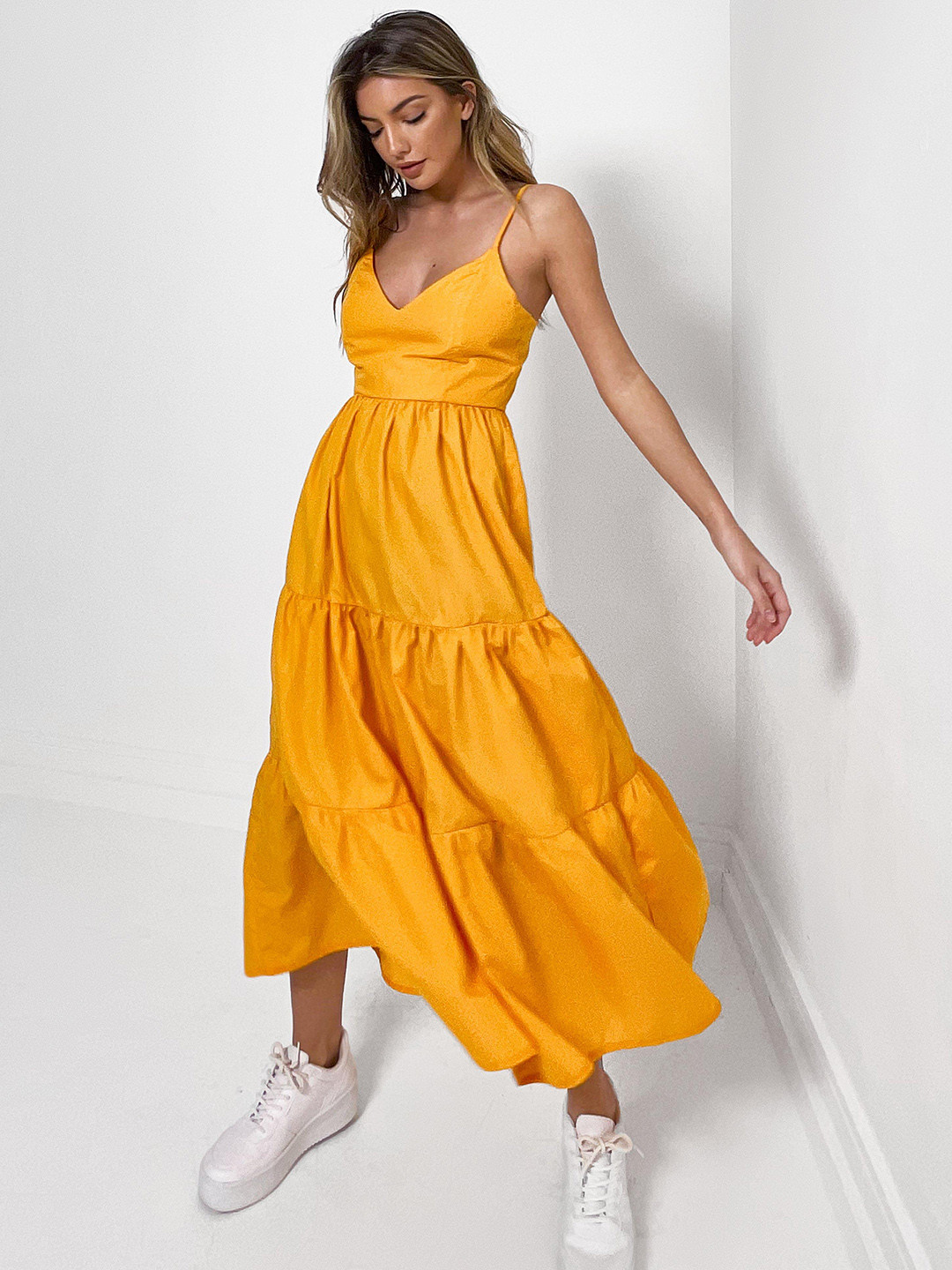 Buy Missguided Mustard Yellow Solid Tiered Midi Dress - Dresses for ...