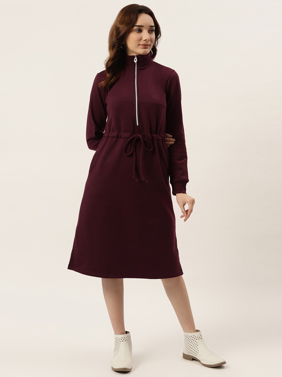Buy Brinns Burgundy Fleece Sweatshirt Style Midi Dress Dresses For