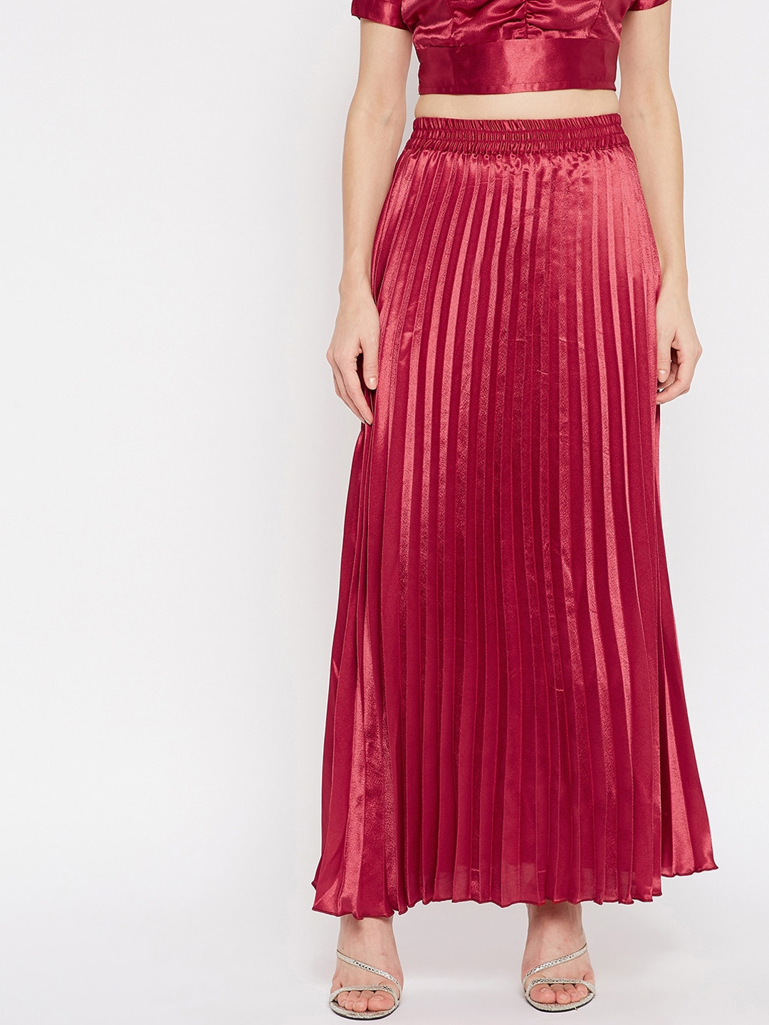 Buy U&F Women Maroon Solid Accordion Pleated Maxi Skirt - Skirts for ...
