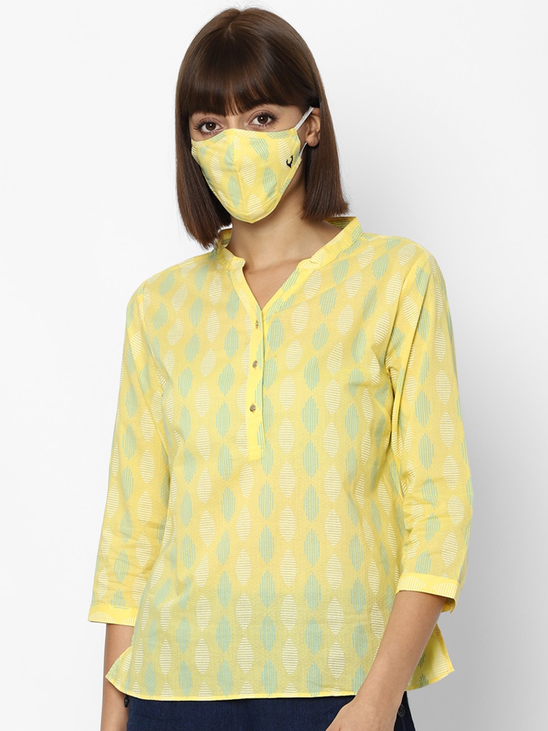 Buy Allen Solly Woman Yellow Pure Cotton Mandarin Collar Shirt Style
