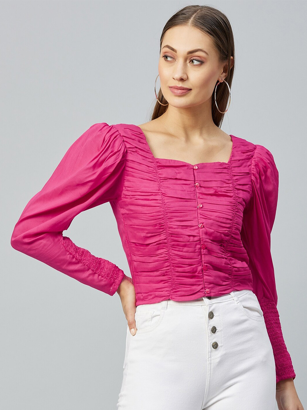Buy RARE Pink Solid Gather & Pleated Fitted Crop Top - Tops for Women ...