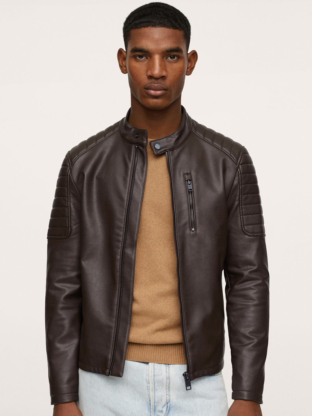 Buy MANGO MAN Men Coffee Brown Solid Faux Leather Biker Jacket With Zip ...