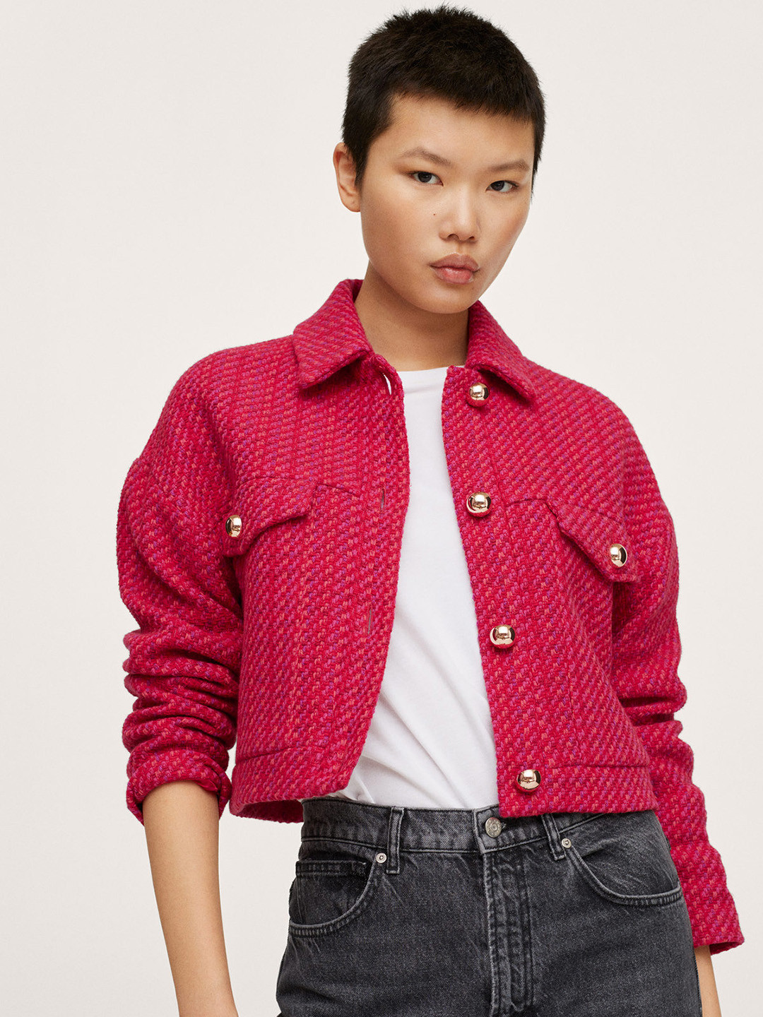 Buy MANGO Women Pink & Purple Crop Tailored Jacket - Jackets for Women ...