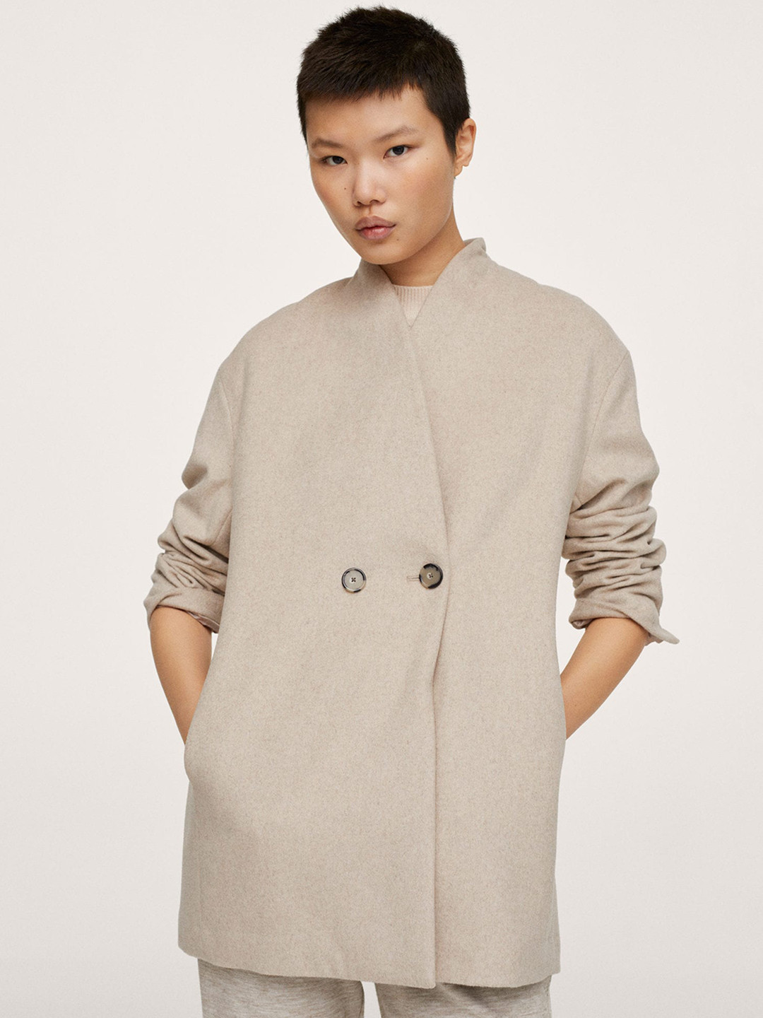 Buy MANGO Women Beige Solid Hip Length OverCoat - Coats for Women ...