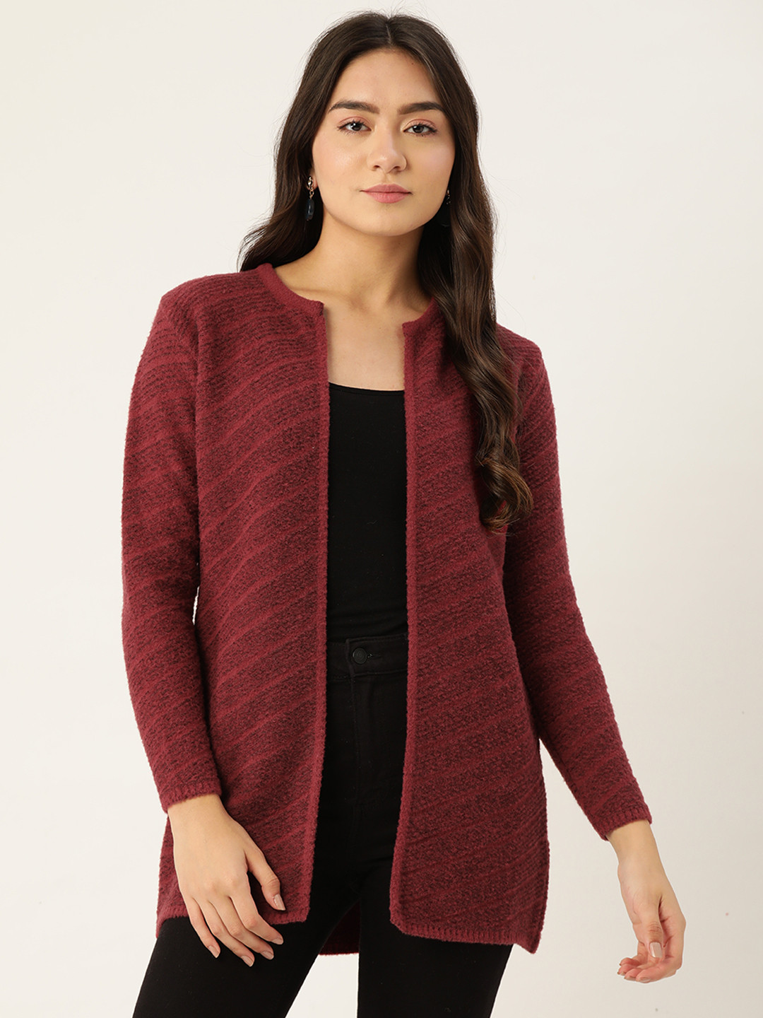 Buy BROOWL Women Maroon Striped Longline Winter Shrug - Shrug for Women ...