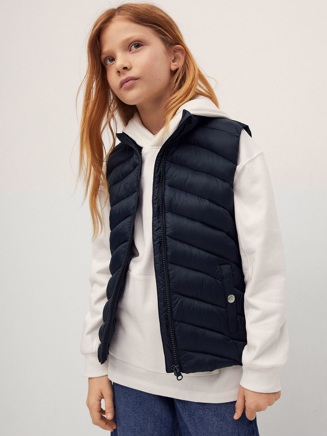 Buy Mango Kids Girls Navy Blue Solid Padded Jacket - Waistcoat for ...