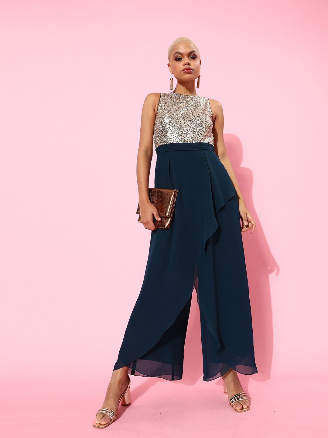 Buy Miss Chase Teal Sequinned Embellished Jumpsuit - Jumpsuit for Women ...