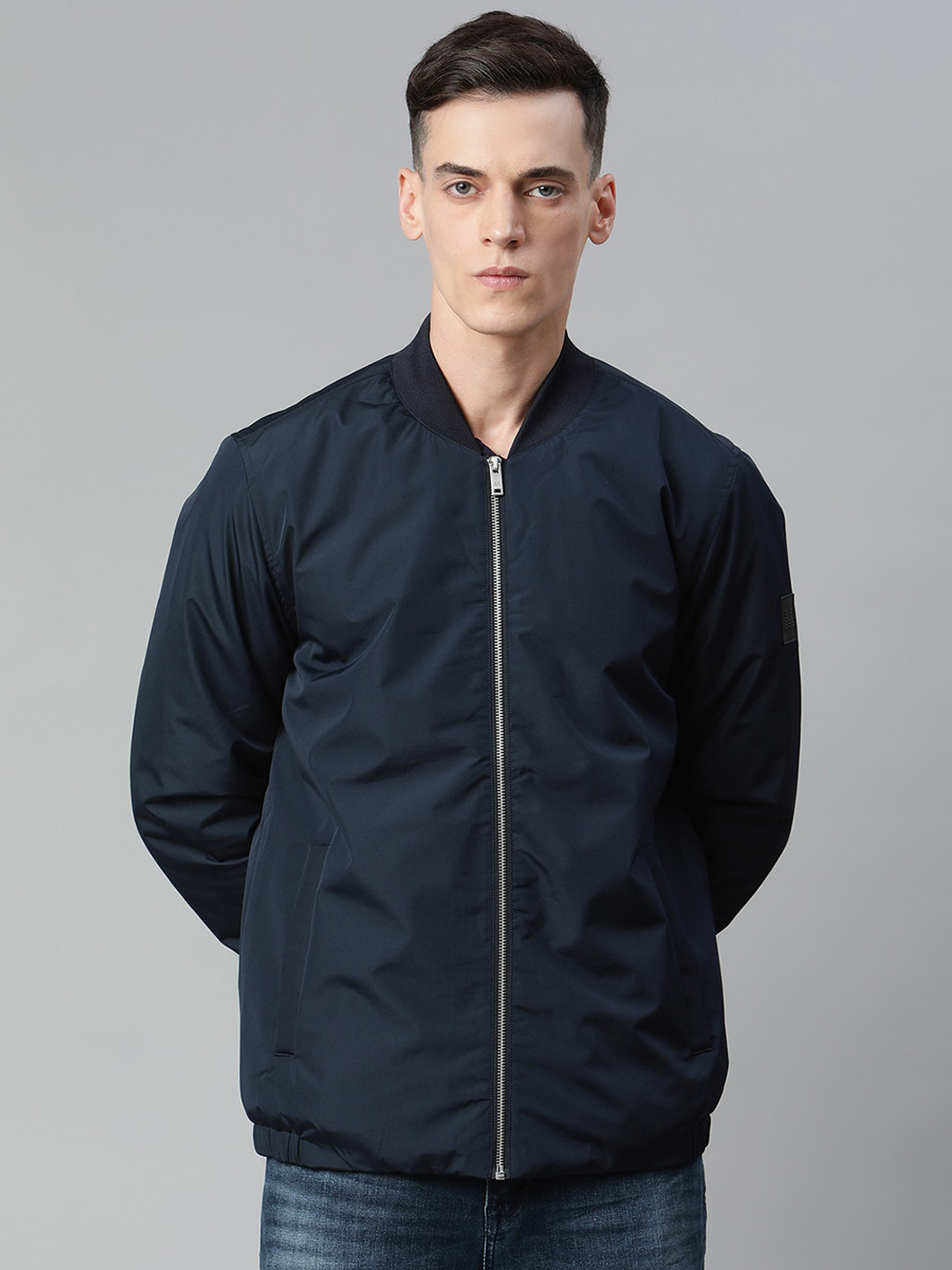 Buy Matinique Men Navy Blue Geometric Lightweight Tailored Jacket ...