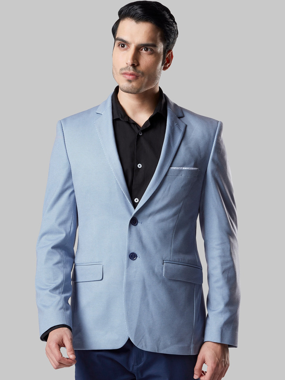 Buy Raymond Men Blue Self Design Single Breasted Slim Fit Formal Blazer ...