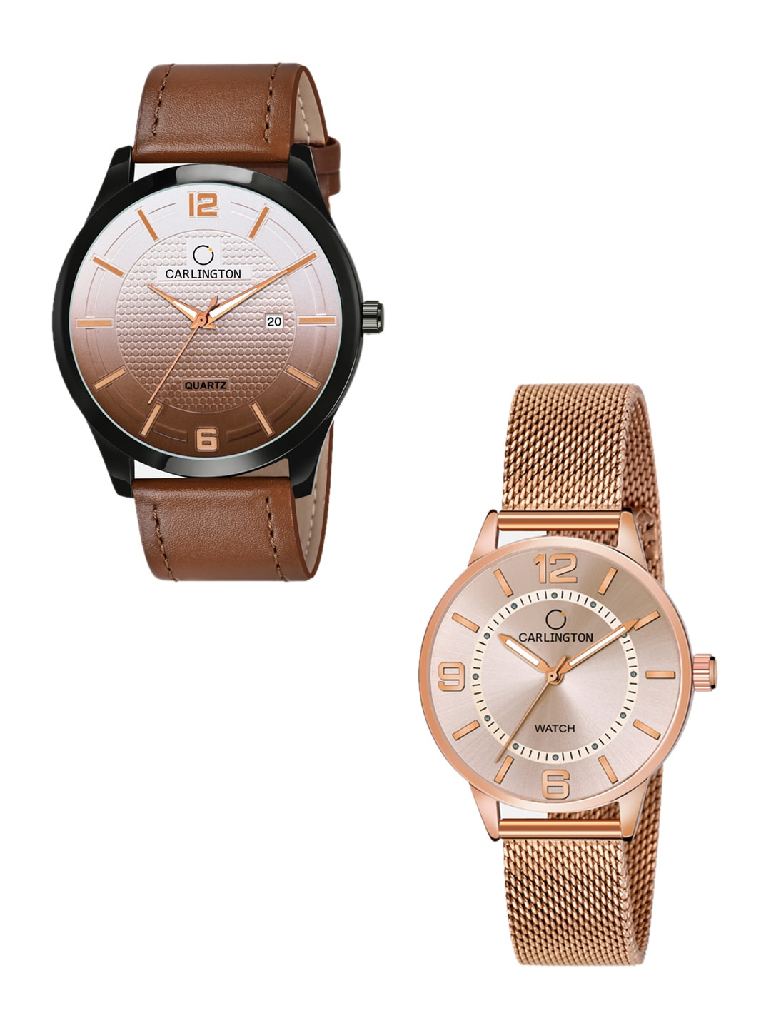 Buy CARLINGTON His & Her Tan Dial Leather Straps Analogue Watches Combo ...