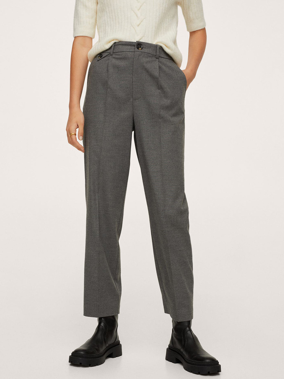 Buy MANGO Women Grey Solid Pleated Trousers - Trousers for Women ...