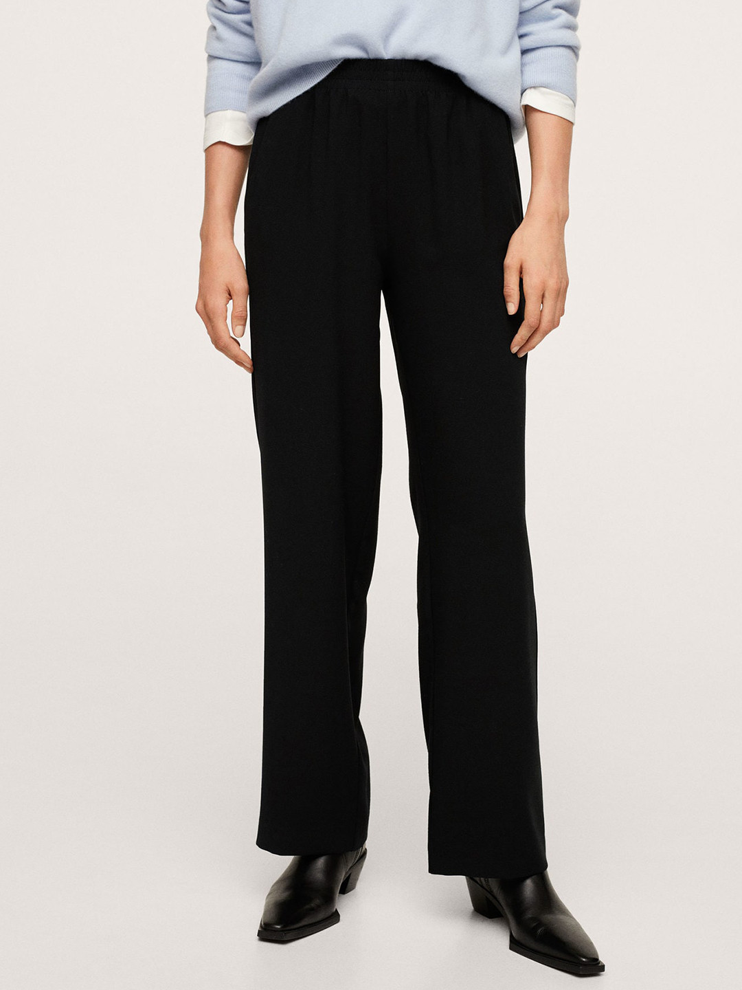 Buy MANGO Women Black Solid Straight Fit Trousers - Trousers for Women ...