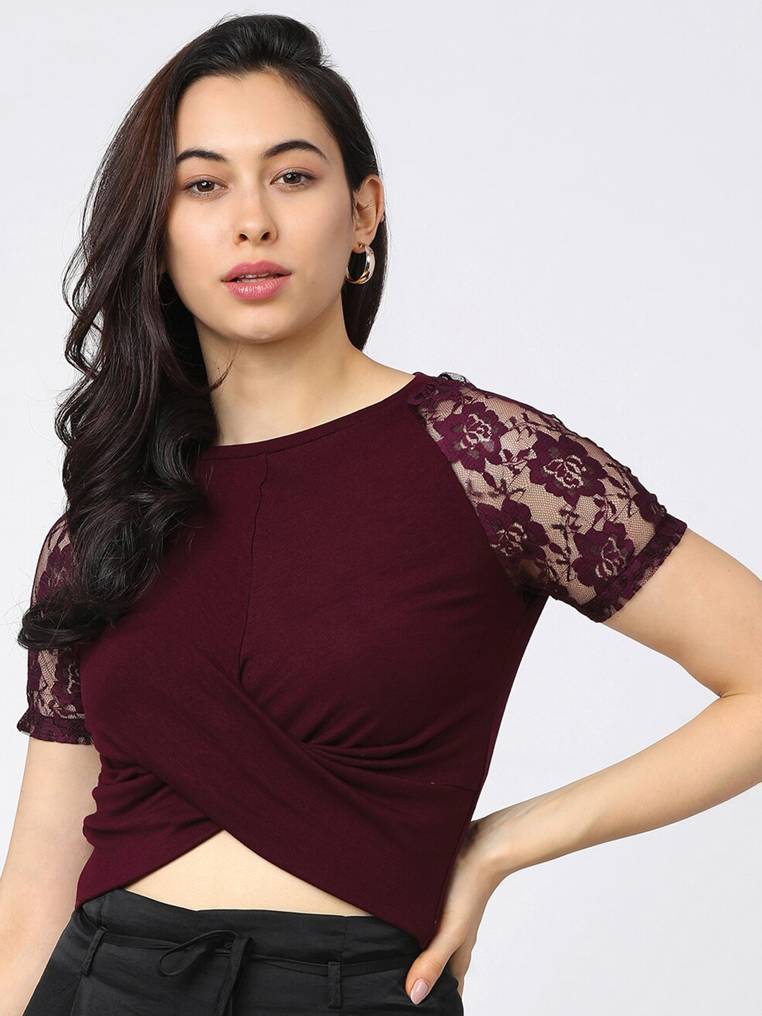 Buy Tokyo Talkies Maroon Lace Styled Back Crop Top - Tops for Women ...