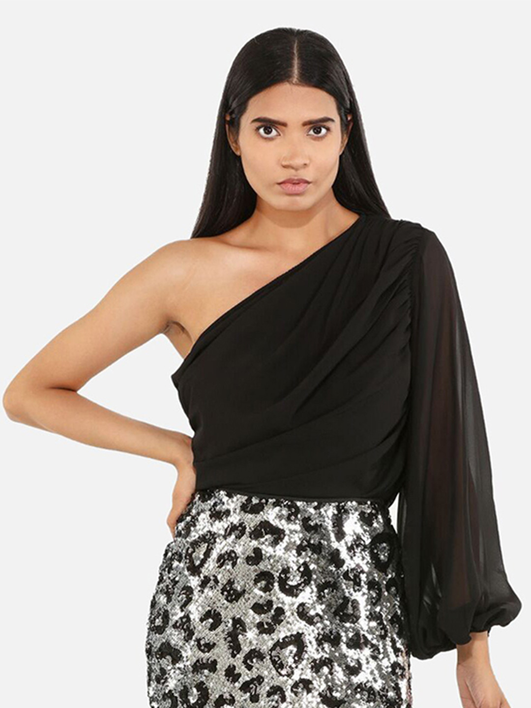 Buy ATTIC SALT Black One Shoulder Georgette Regular Longline Top - Tops ...