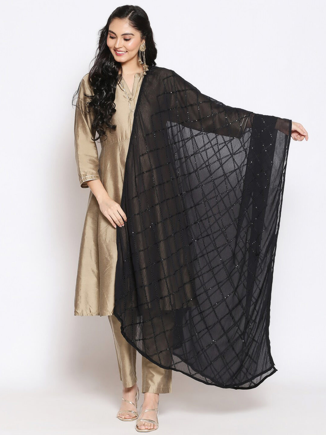 Buy Dupatta Bazaar Black Embroidered Dupatta With Sequinned - Dupatta ...