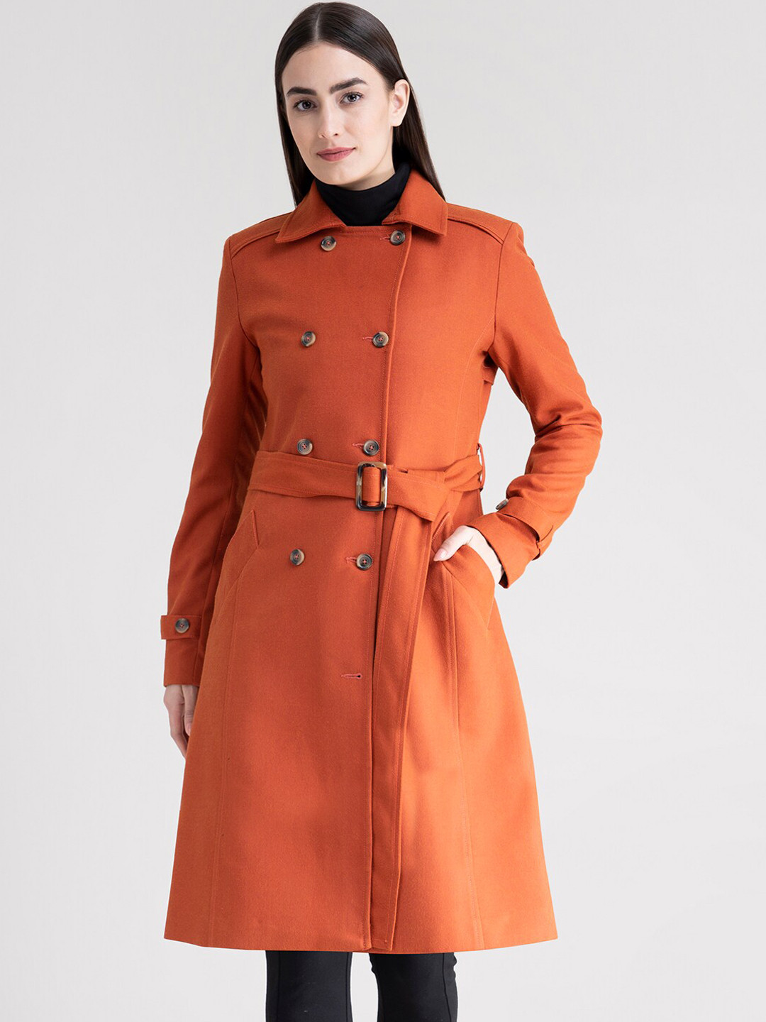 Buy FableStreet Women Rust Coloured Solid Longline Trench Coat - Coats ...