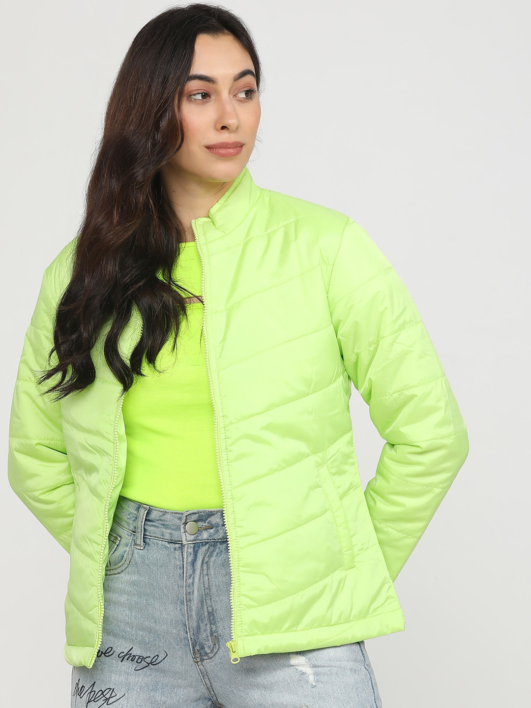 Buy Tokyo Talkies Women Fluorescent Green Solid Puffer Jacket - Jackets ...