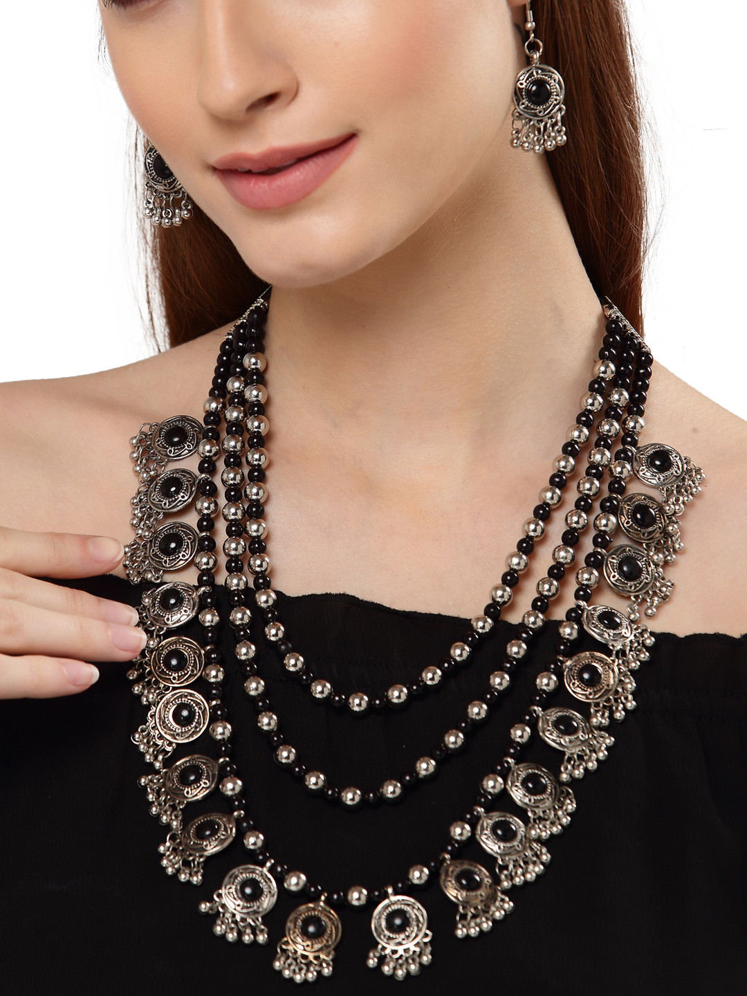Buy Shining Diva Oxidised Silver Plated Black Stone Studded & Beaded ...
