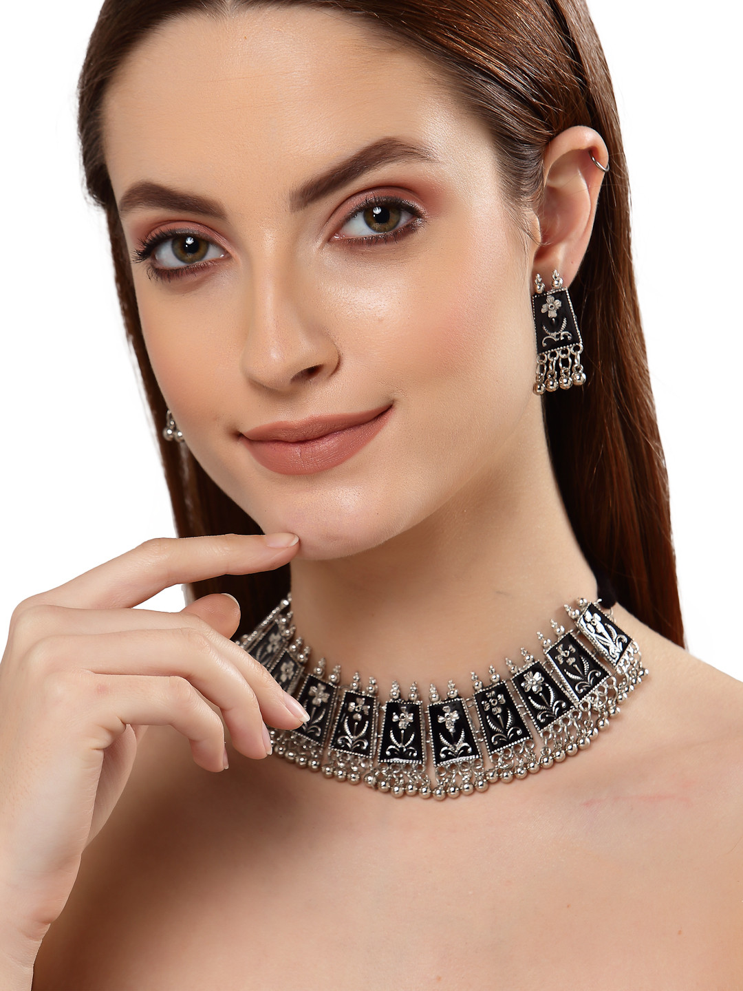 Buy Shining Diva Oxidised Silver Plated Choker Jewellery Set ...